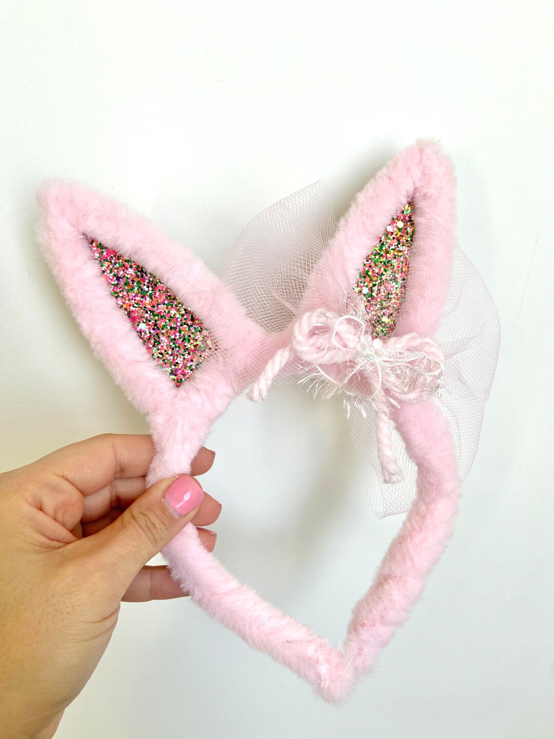 Pink Furry Easter Bunny Ears Headband: Confetti Glitter, Tulle Bow - Etsy