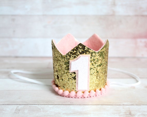Gold Glitter MINI Birthday Party Crown w/ Pink Liner and White | Etsy