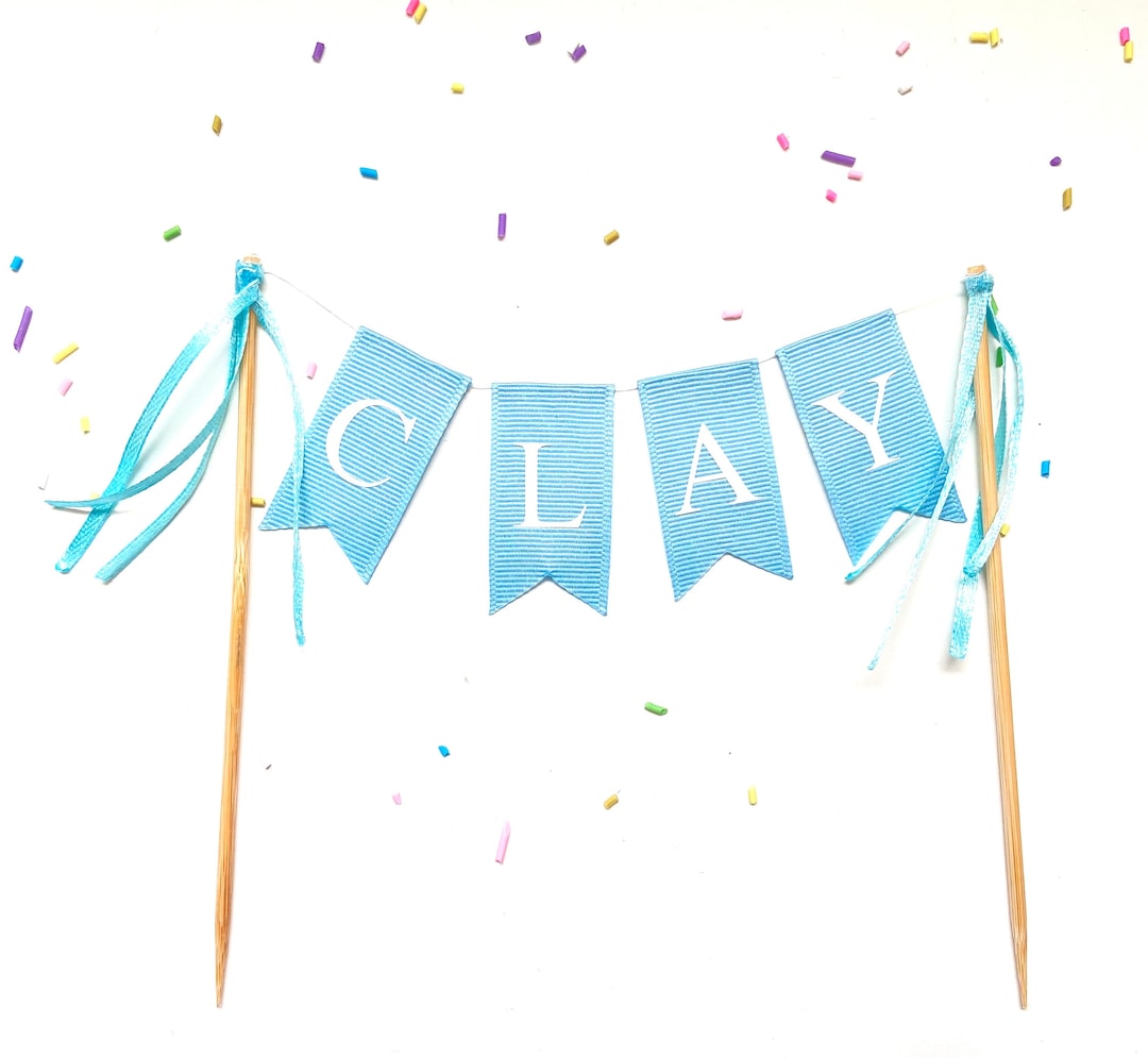 Custom Personalized Name Light Blue Cake Bunting Flag Topper W/ Ribbons ...