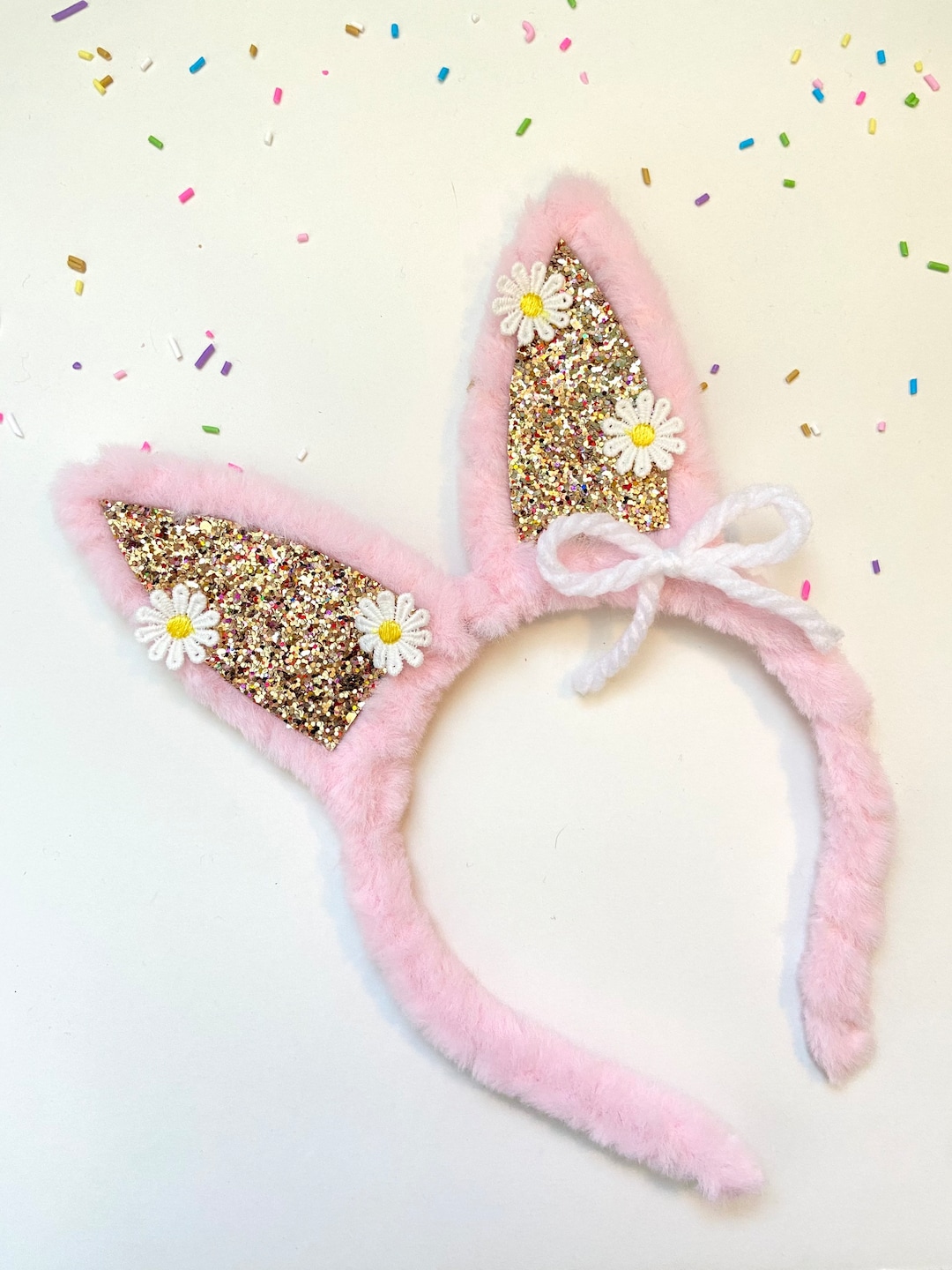 Pink Furry Fur Easter Bunny Ears Headband With Gold Glitter White ...