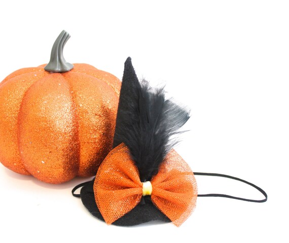 Halloween Black MINI Witch Hat With Feathers and Orange Tulle | Etsy
