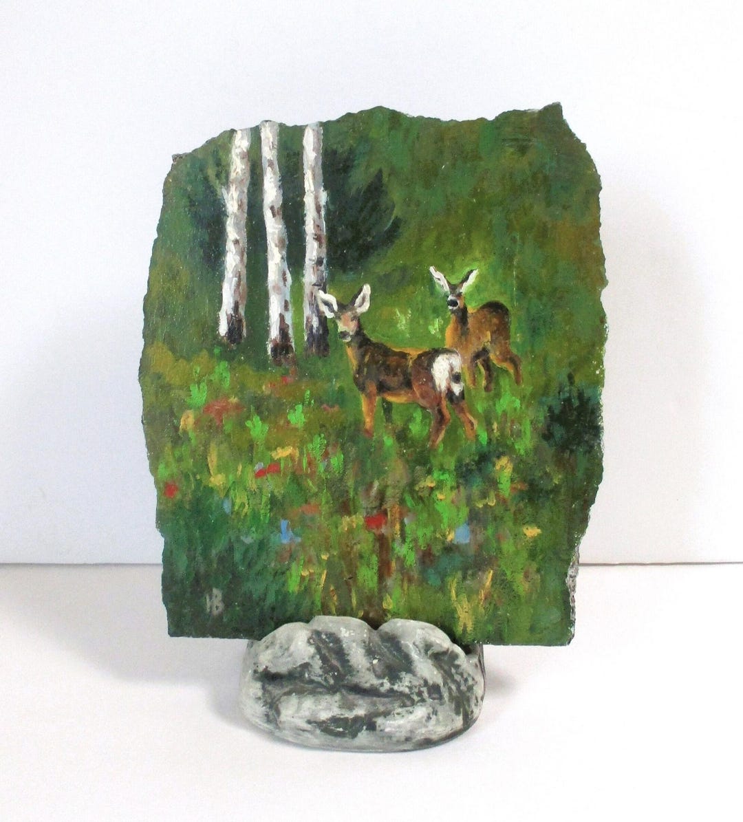 Deer Painting on Marble Slab,vintage Acrylic Painting Deer in Meadow ...
