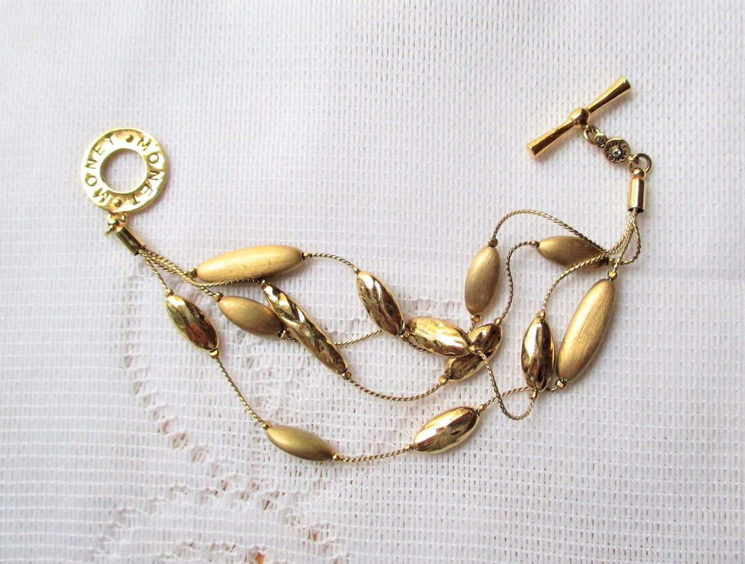 Vintage Monet Beaded Bracelet: Brushed Gold Tone Marquis Beads ...