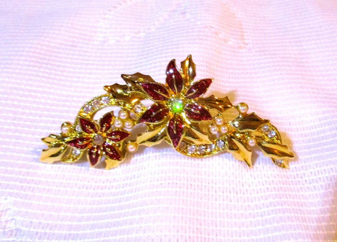 Beautiful Avon Enamel Poinsettia Brooch With Faux Pearls & Rhinestones ...
