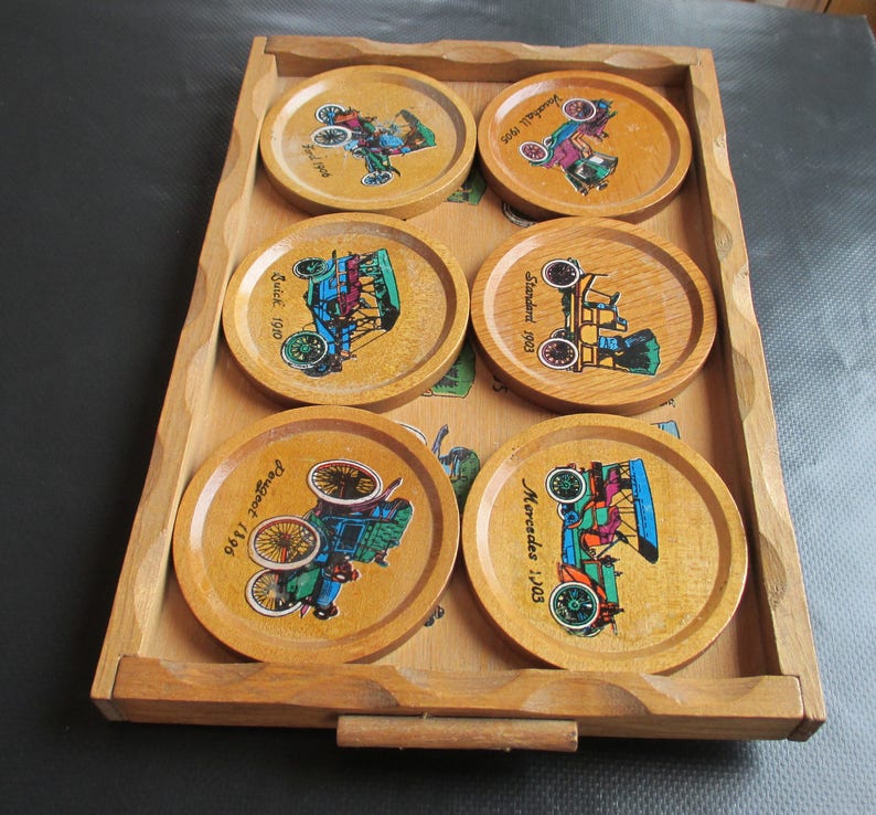 Wooden Coasters & Tray Set With Antique Autos Six Coasters | Etsy