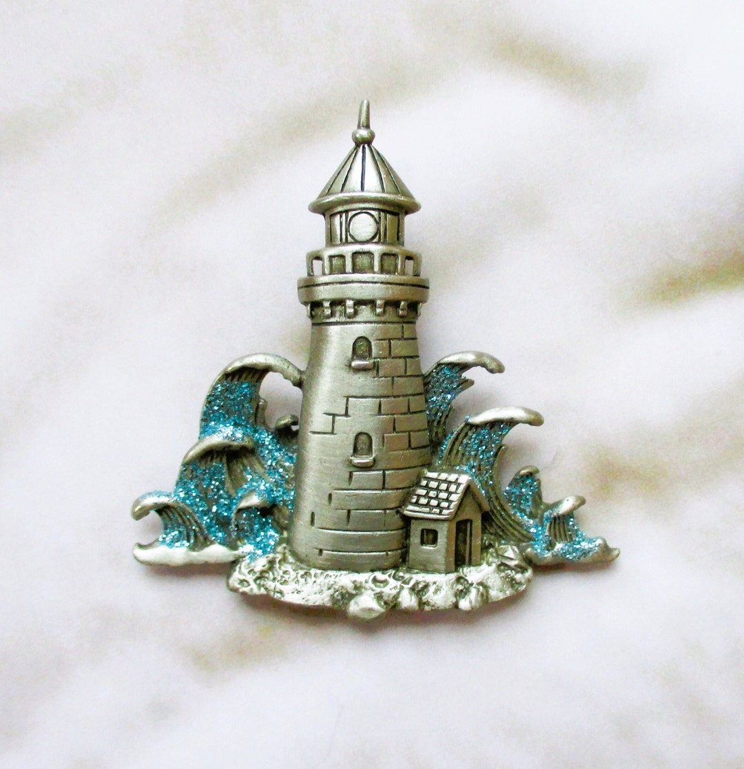 Vintage JJ Jonette Lighthouse Pin With Sparkling Blue Waves, Pewter ...