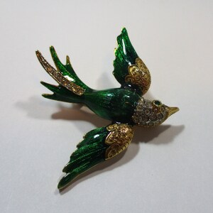 Brilliant Emerald Green Enameled Bird Brooch W/ Rhinestones, Vintage ...