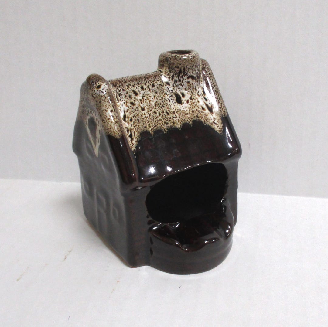 Log Cabin Drip Pottery Ashtray, Vintage Brown Drip Pottery Log Cabin ...