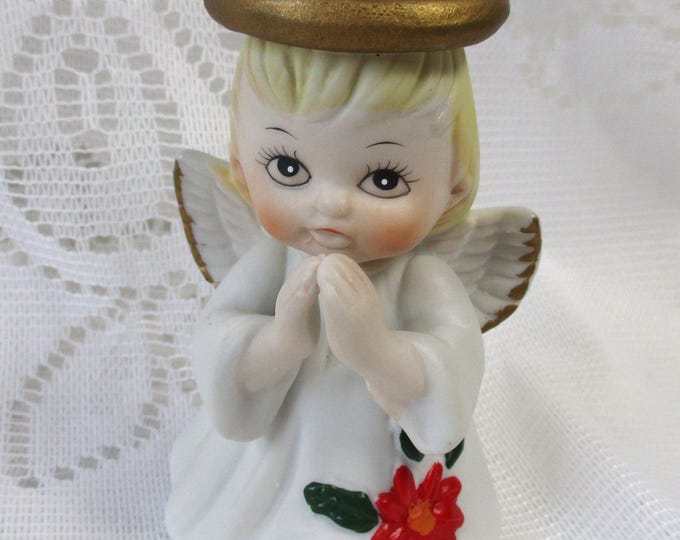 Kneeling Praying Angel Bell Figurine With Golden Halo & Poinsietta ...