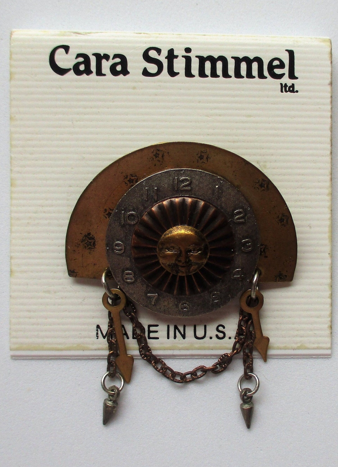 Vintage Cara Stimmel Brooch, Tri-tone Half Circle W Man in Moon Face ...