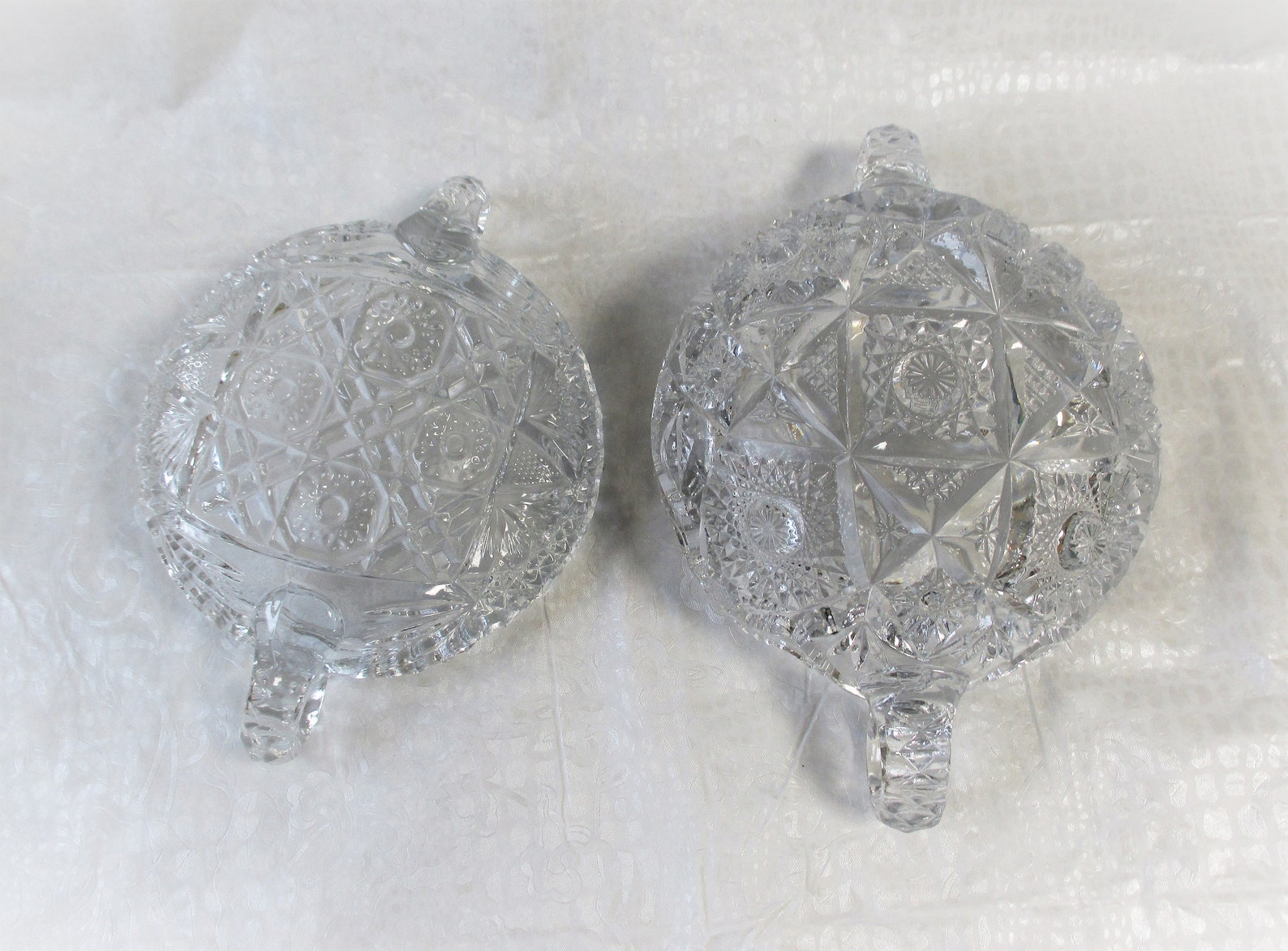 Vintage four pc Cut Glass Dish Set w handles & 2 relish forks | Etsy