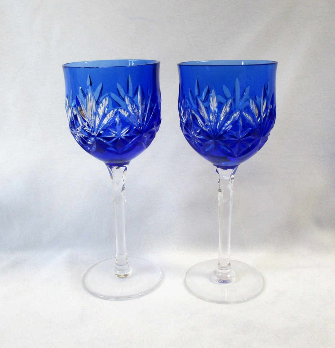 Bohemian Cobalt Cut-to-clear Crystal Wine Glasses Pair, Two Elegant ...