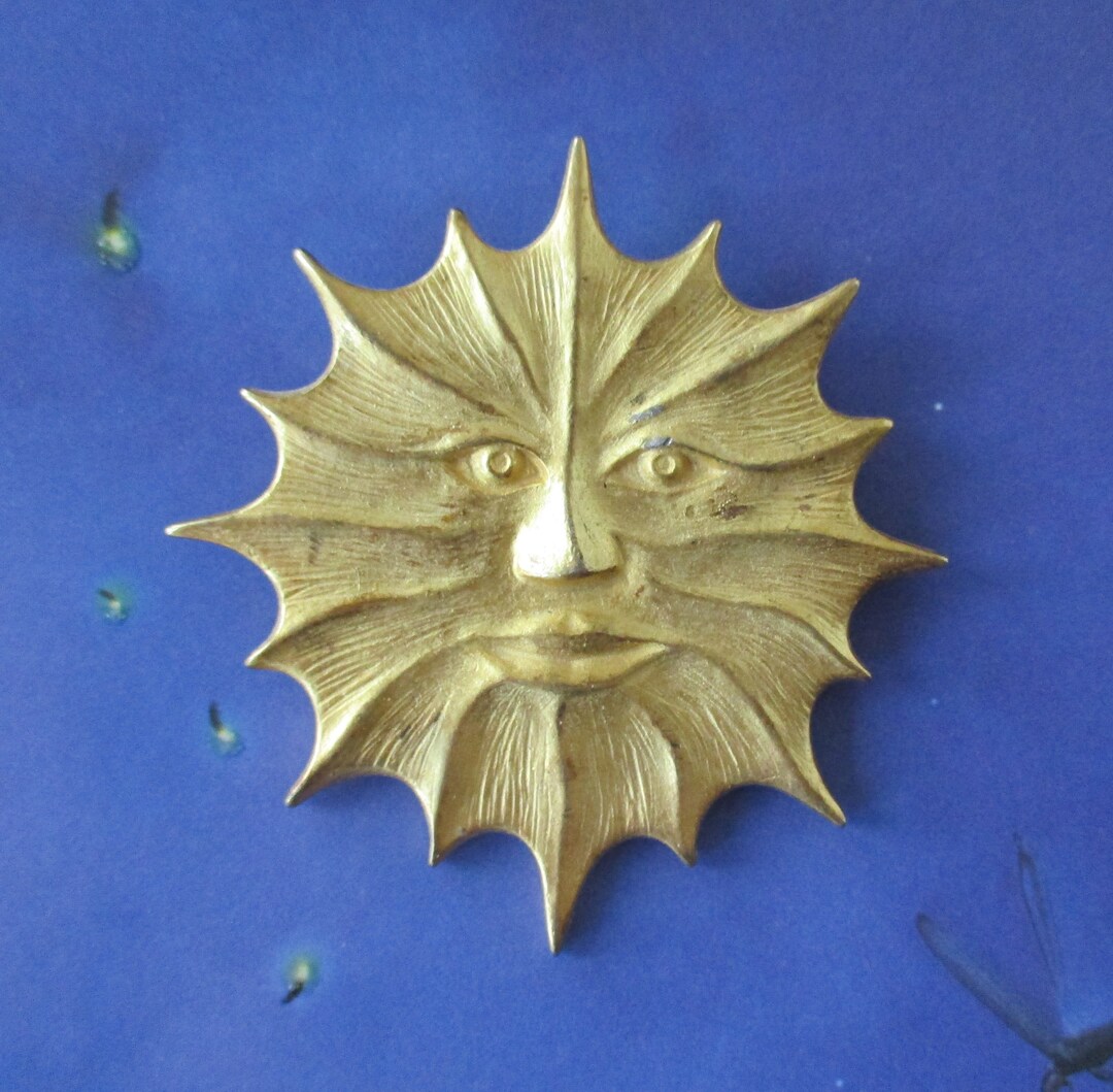 Vintage Sun Face Brooch, Brushed Matte Gold Tone Signed LS Sunburst ...