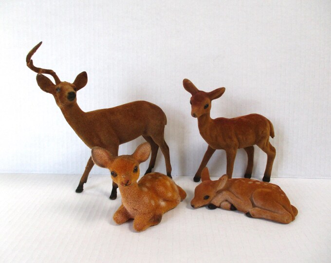 Vintage Flocked Deer Family, Flocked Buck Doe Fawn Figurines, Set of ...