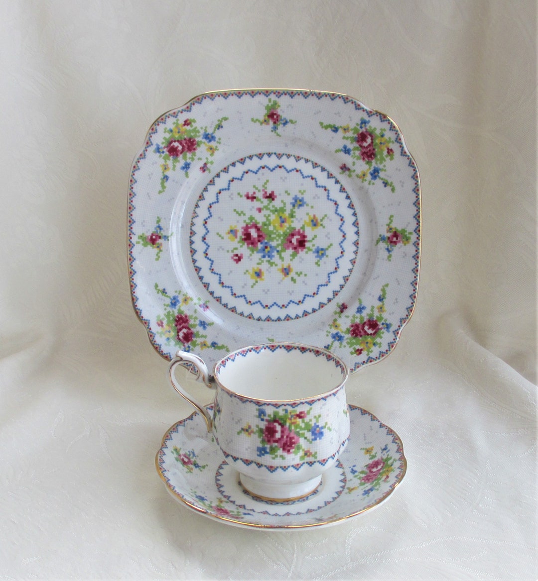 Royal Albert Petit Point China Teacup Saucer Salad Plate Set - Etsy