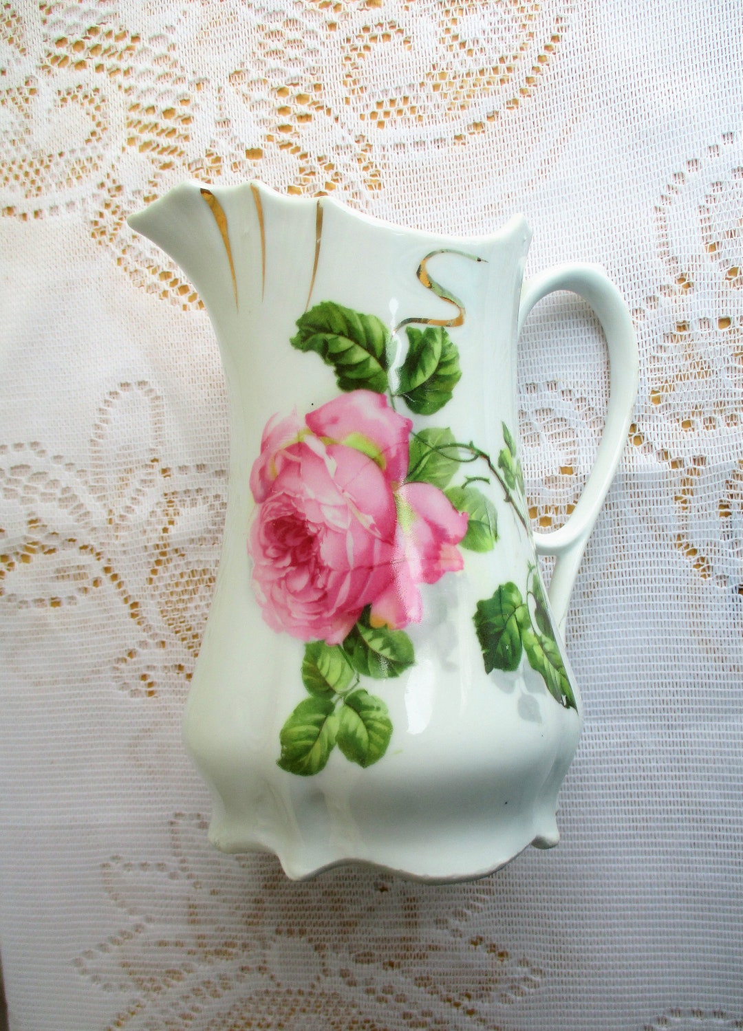 Vintage Bavarian China Pitcher With Pink Rose, Cabbage Rose Shabby Chic ...