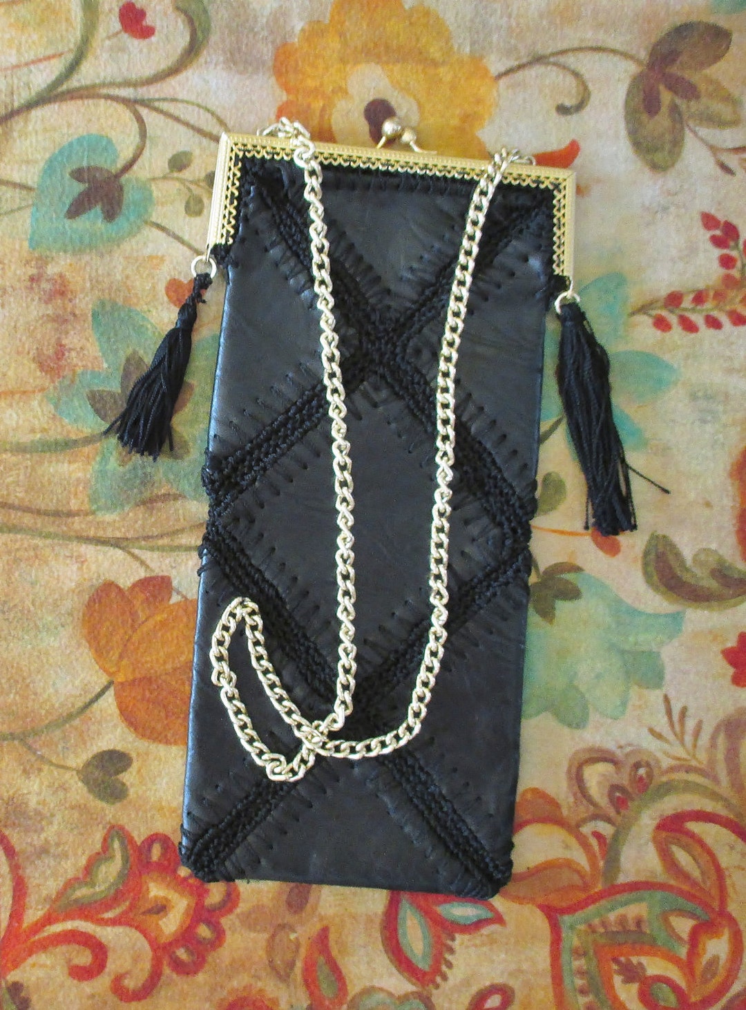 Black 1970s Purse, Long Narrow Flat Faux Leather Bag With Fringe ...
