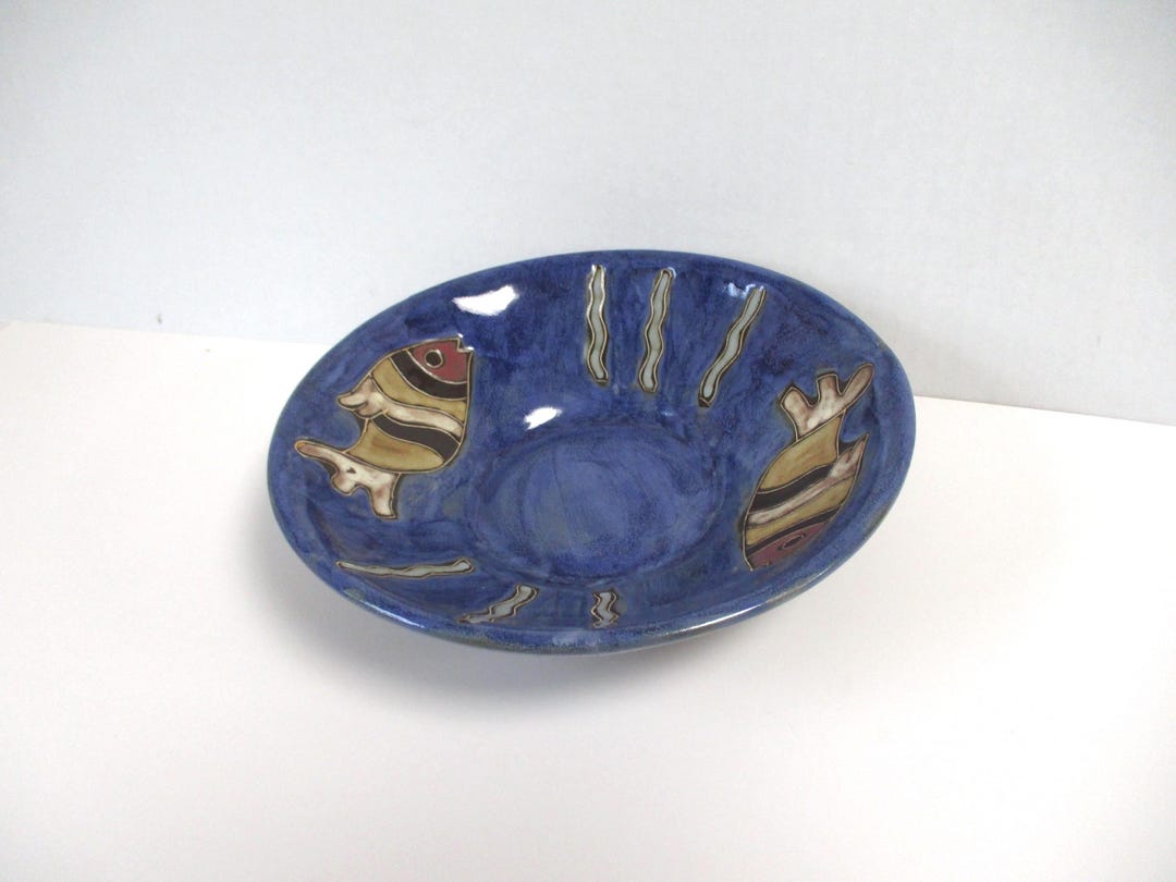 Blue Stoneware Pottery Bowl: Fish Design by Mara of Morelia Mexico ...