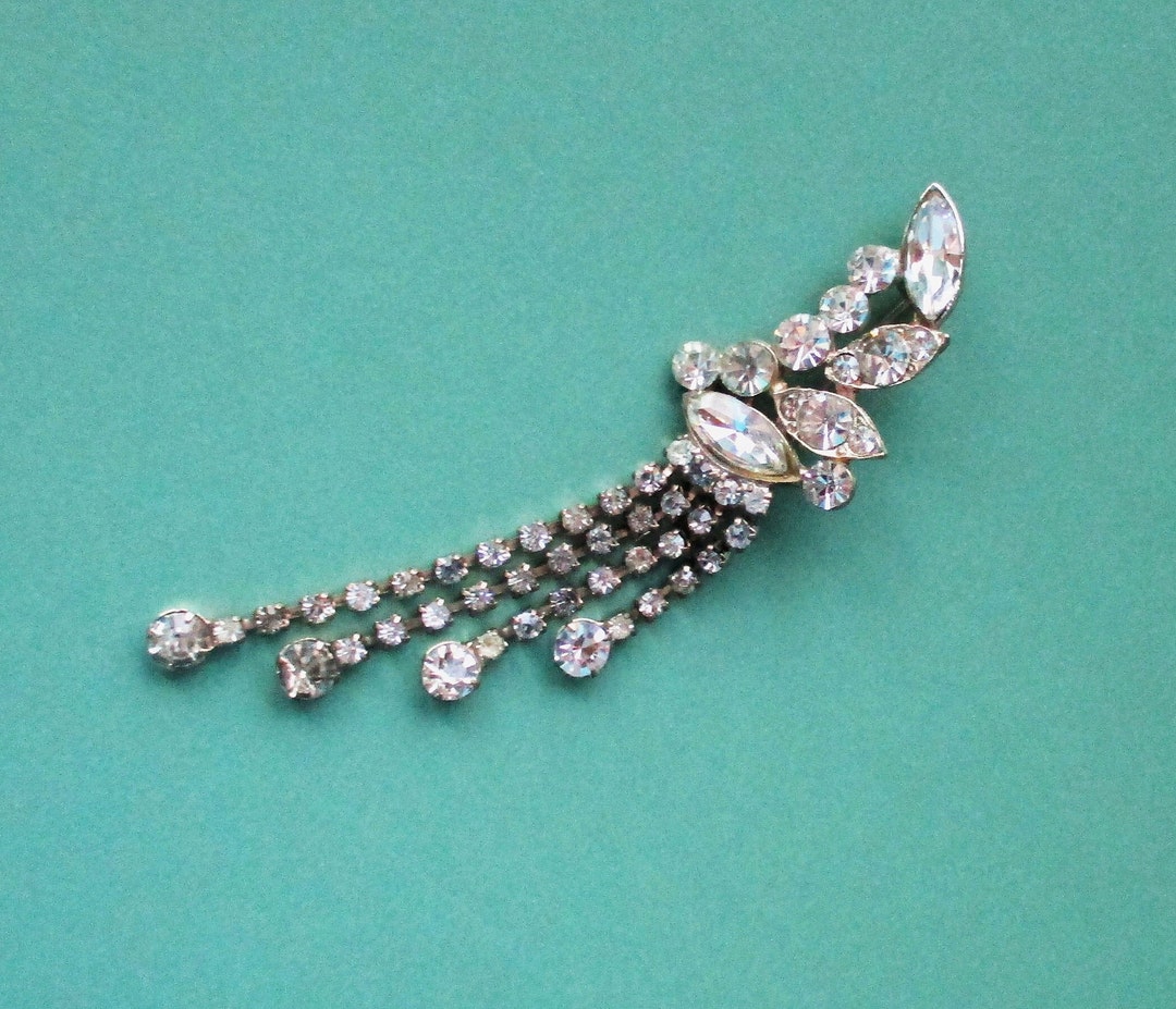 Vintage Dangling Rhinestone Strands Brooch, Art Deco Clear Marquise ...