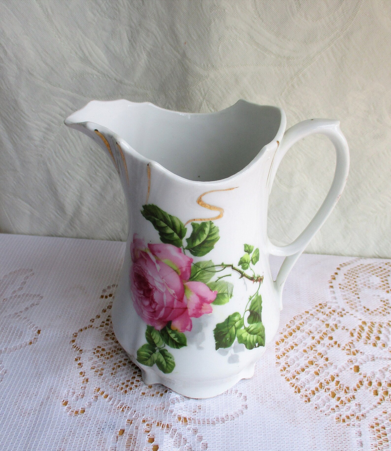Vintage Bavarian China Pitcher With Pink Rose Cabbage Rose - Etsy