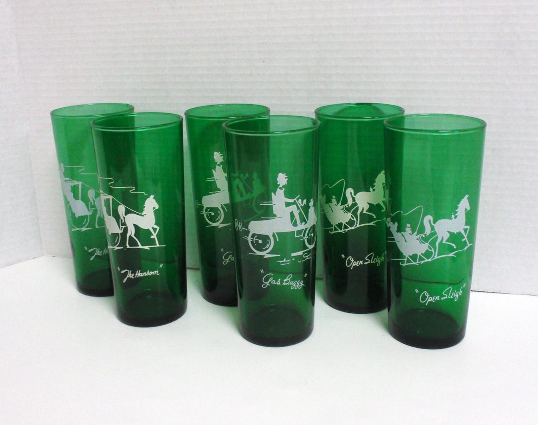 Vintage Anchor Hocking Green Highball Glasses Set of 6 Modes of Transportation Victorian, Set of ...