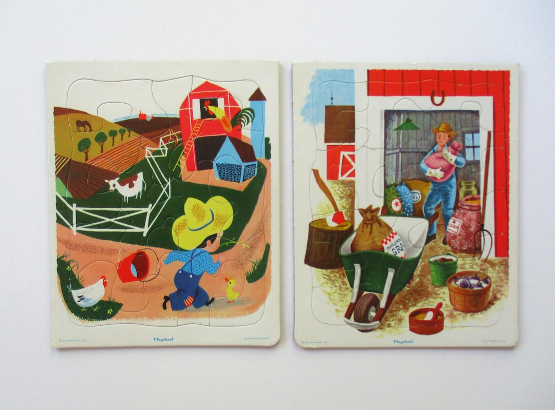 Set of Two Vintage Playskool Farm Frame Tray Puzzles, Golden Press ...