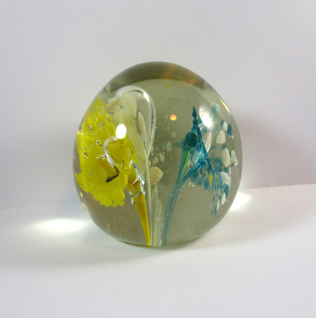 Art Glass Globe Paperweight in Turquoise / Aqua, Yellow & White With ...
