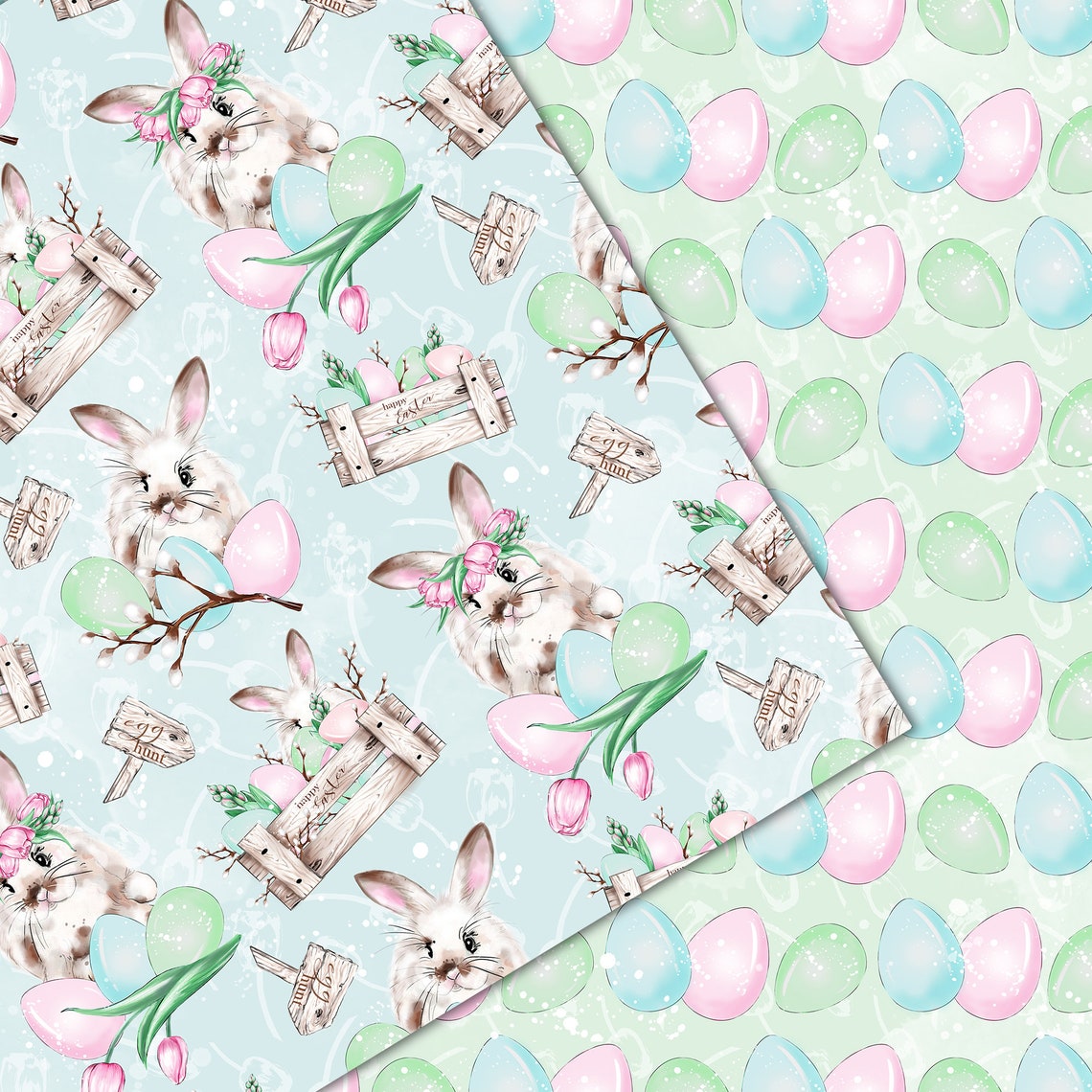 Easter Digital Papers, Spring Planner Stickers, Cute Bunny, Pastel Eggs ...
