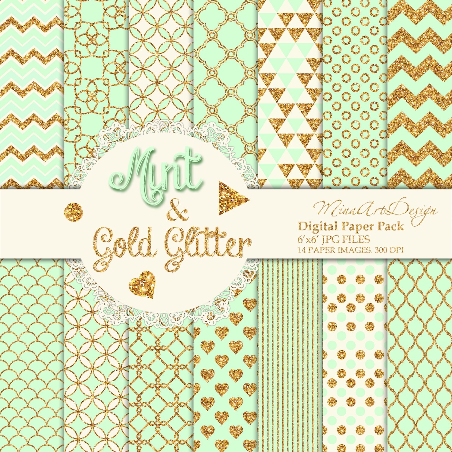 Gold Mint Digital Paper Pack Seamless Patterns Printable Planner ...