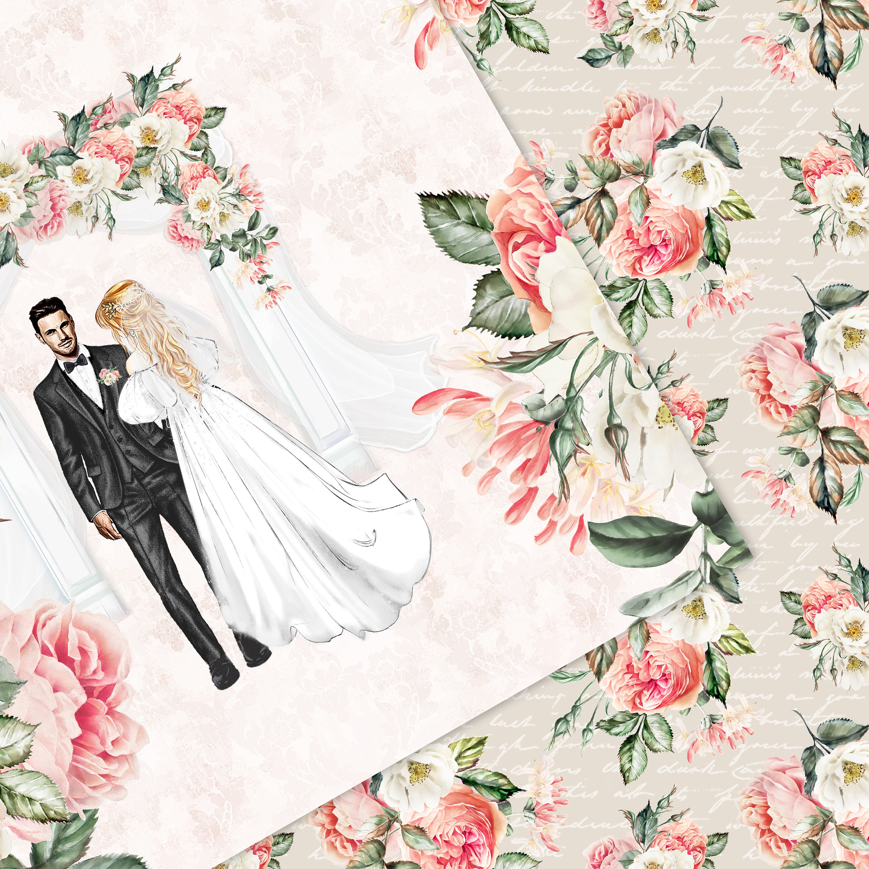 Wedding Digital Papers, Seamless, Surface Patterns, Planner Stickers ...