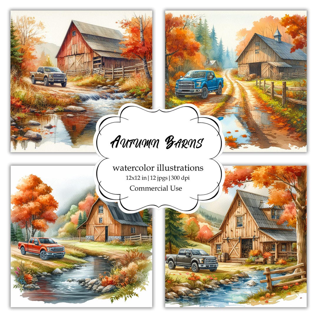 Autumn Barns Clipart, Autumn Barn Digital Papers, Watercolor Autumn ...