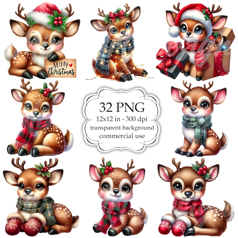 32 Christmas Reindeer Clipart, Cute Christmas Deer PNG, Watercolor ...