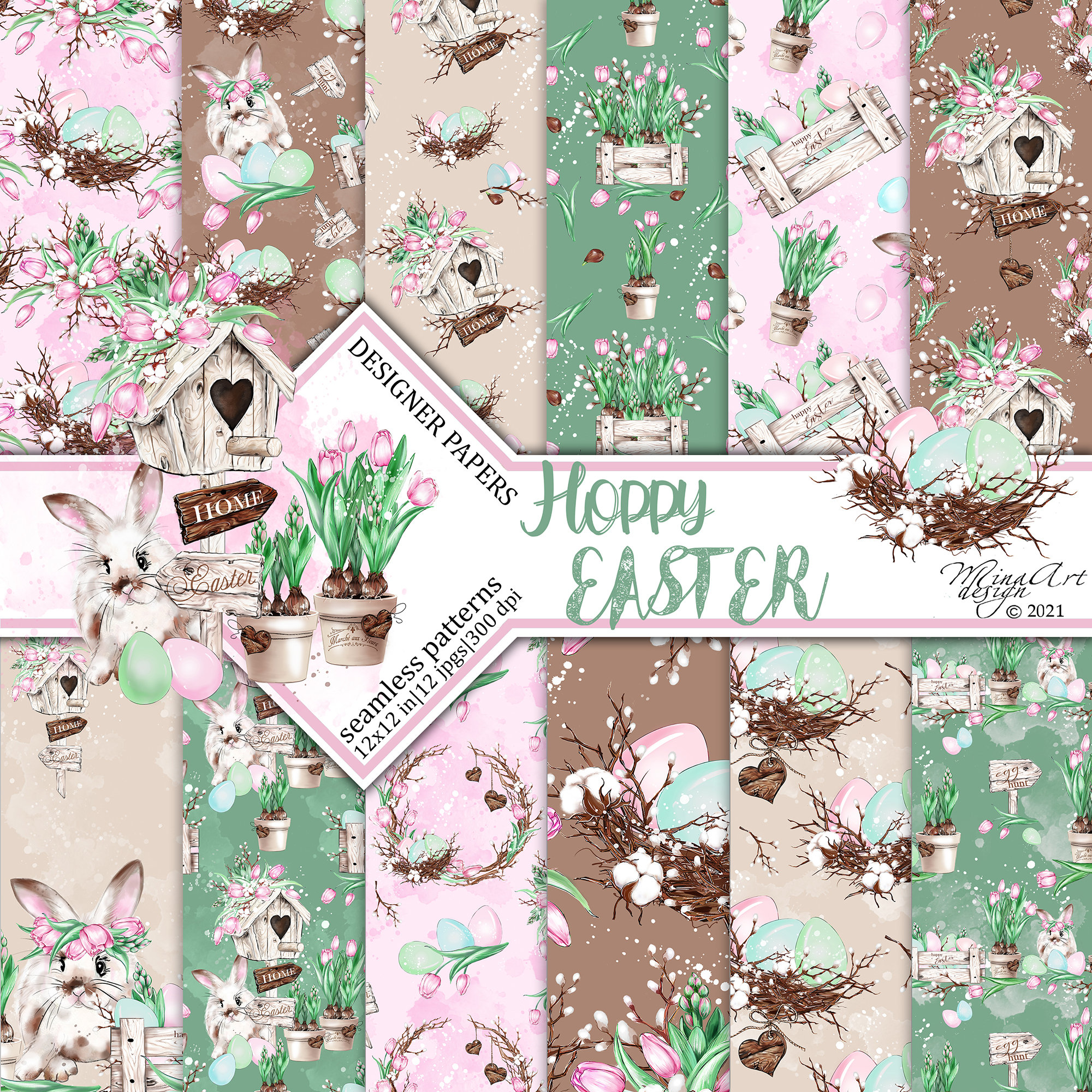 Easter Digital Papers Hand Drawn Illustrations Spring Watercolor ...