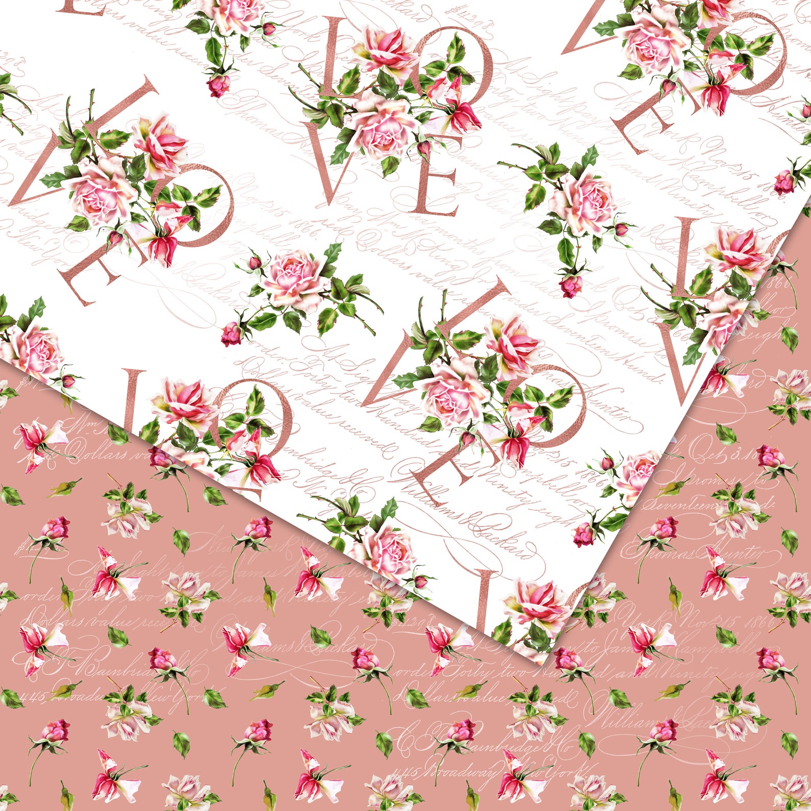Wedding Digital Papers, Pink Roses, Seamless Patterns, Planner Stickers ...