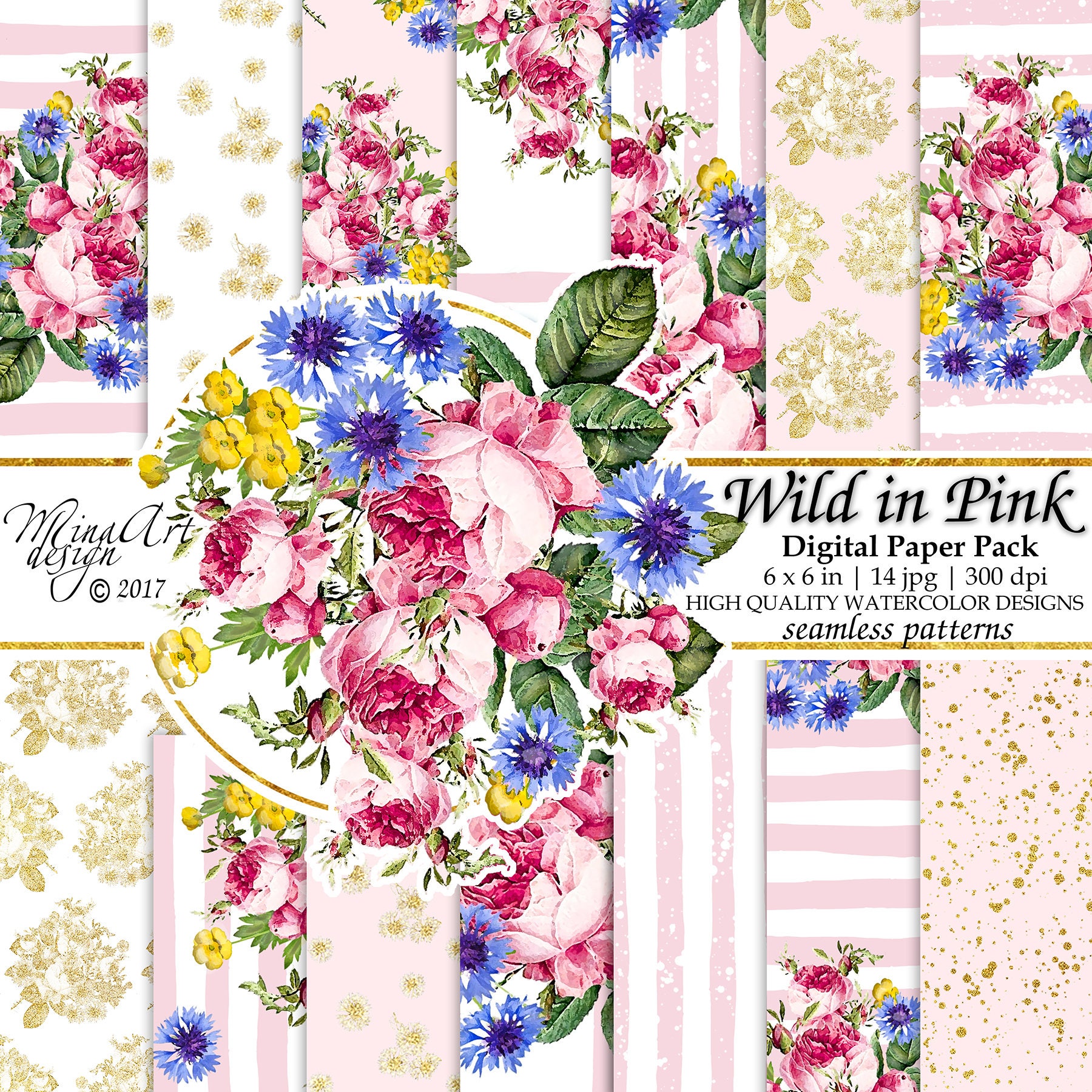 Romantic Paper Pack Glam Seamless Patterns Watercolor Illustrations ...