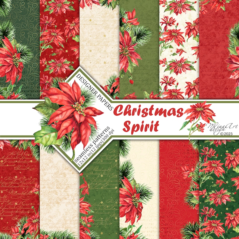 Christmas Digital Papers, Christmas Poinsettia, Christmas Flowers ...