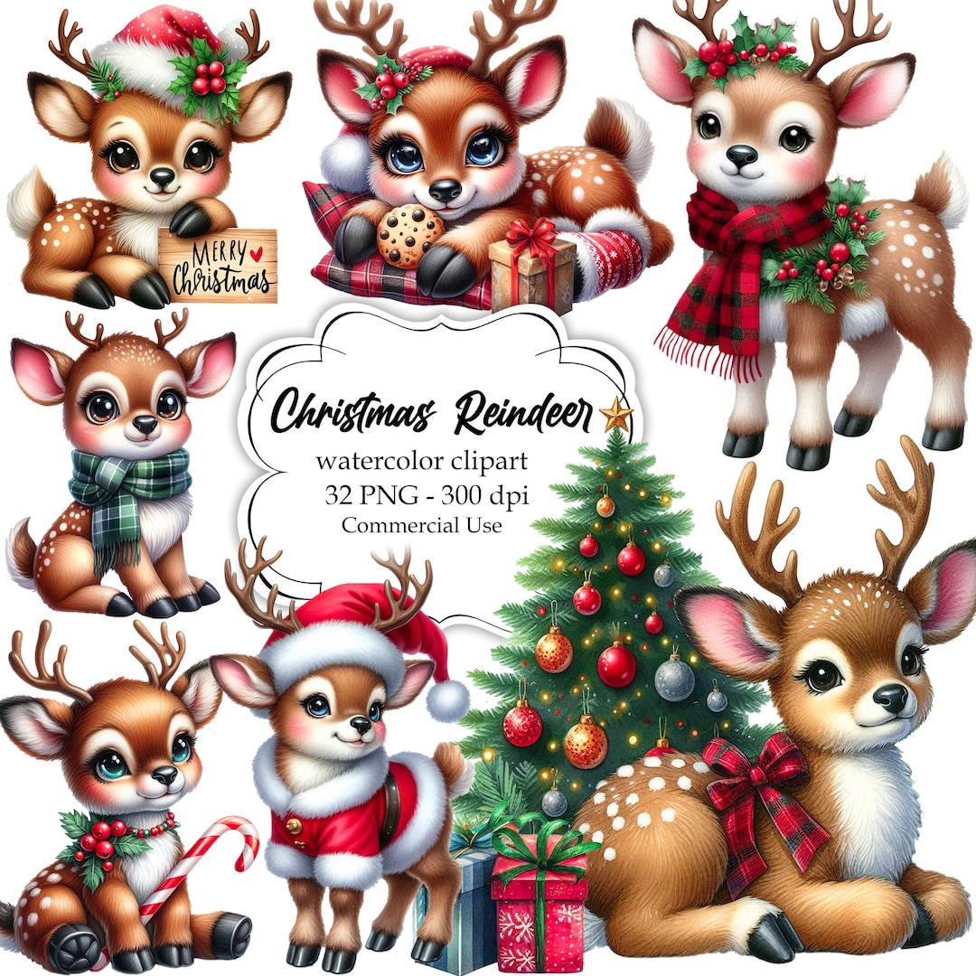 32 Christmas Reindeer Clipart, Cute Christmas Deer PNG, Watercolor ...