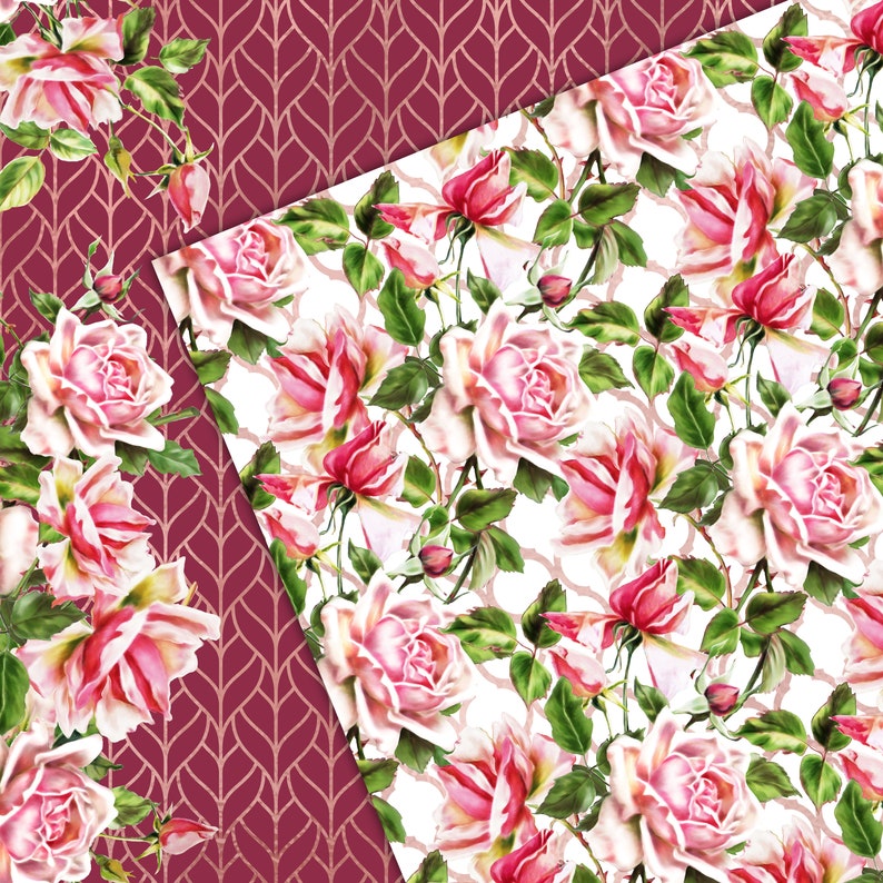 Wedding Digital Papers, Pink Roses, Seamless Patterns, Planner Stickers ...