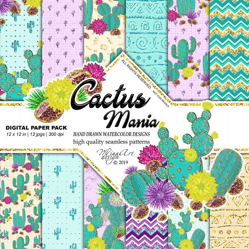 Cactus Paper Pack Succulents Digital Backgrounds Seamless Patterns ...