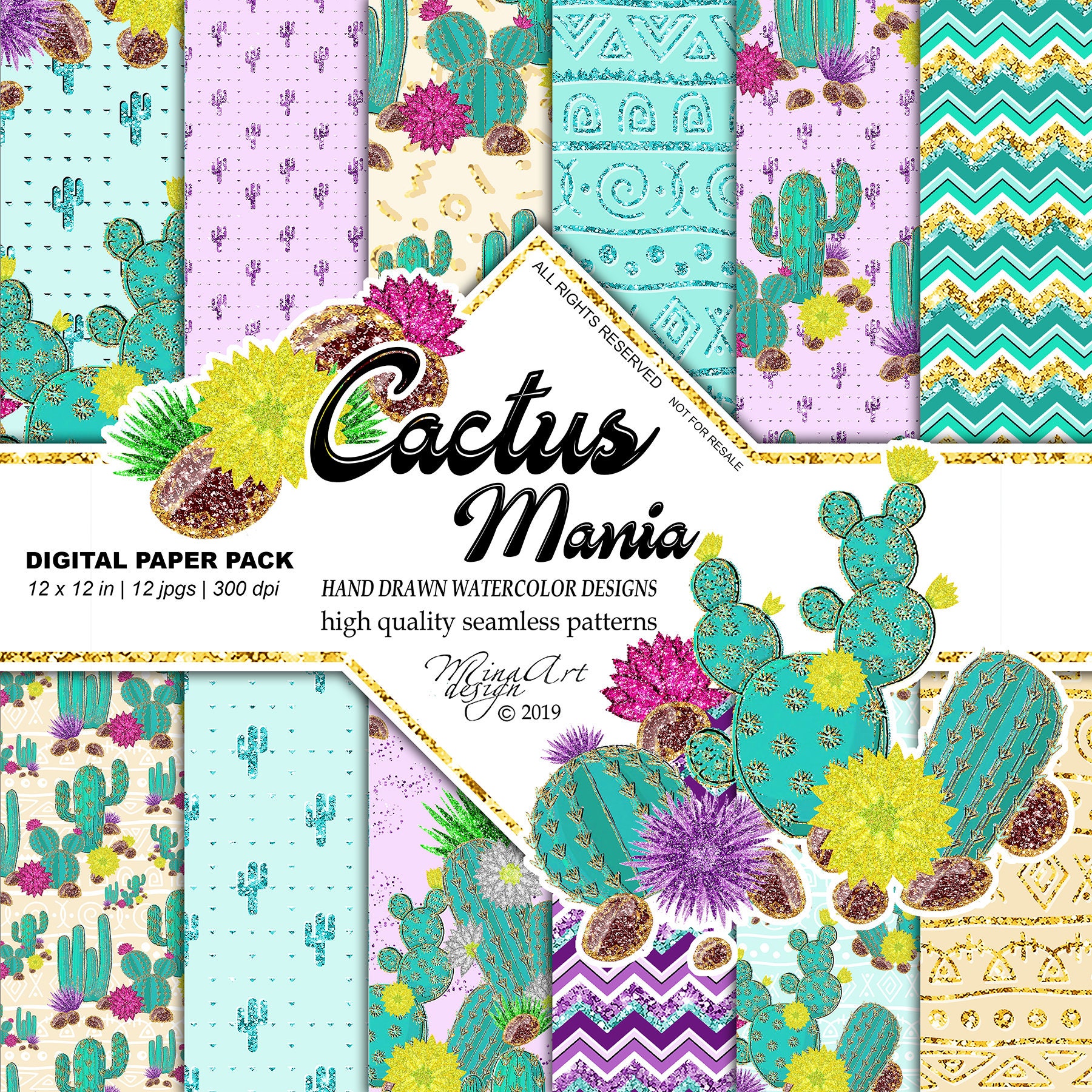 Cactus Paper Pack Succulents Digital Backgrounds Seamless Patterns ...