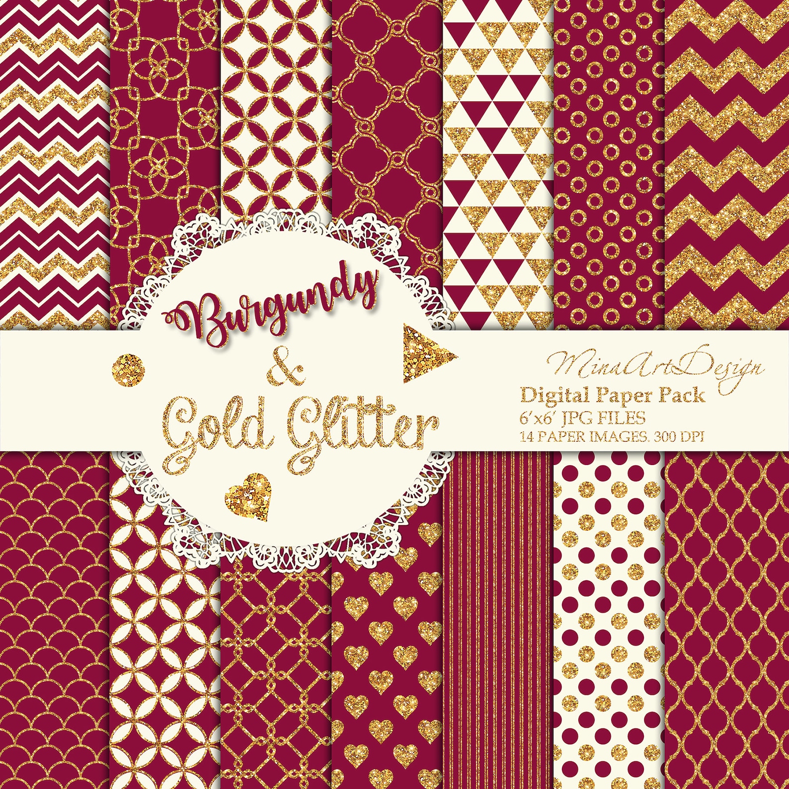 Gold Burgundy Paper Pack Glam Seamless Patterns Printable Planner ...