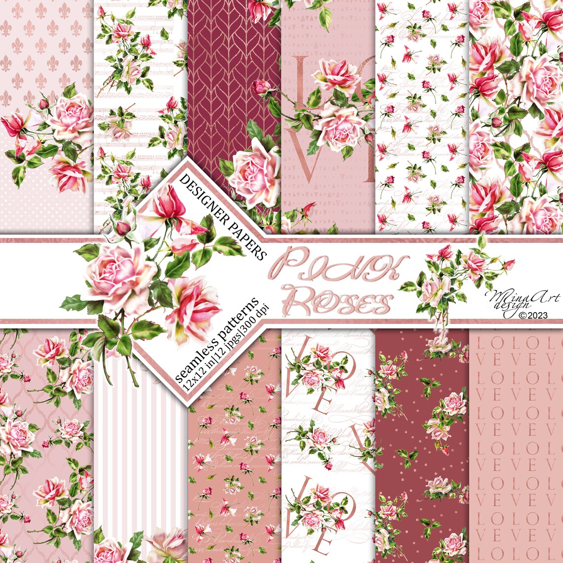 Wedding Digital Papers, Pink Roses, Seamless Patterns, Planner Stickers ...