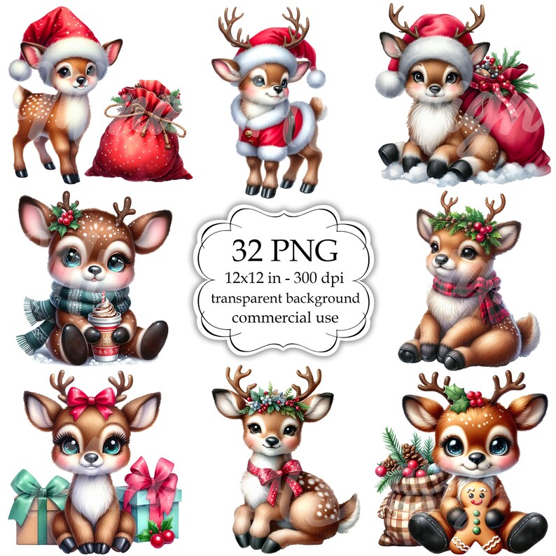 32 Christmas Reindeer Clipart, Cute Christmas Deer PNG, Watercolor ...