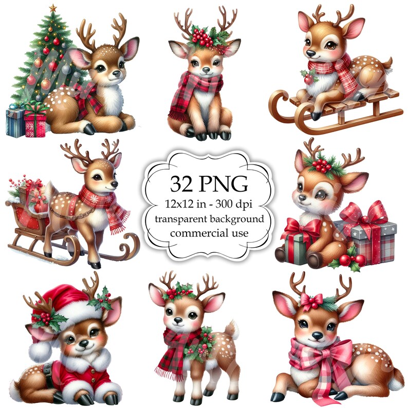 32 Christmas Reindeer Clipart, Cute Christmas Deer PNG, Watercolor ...