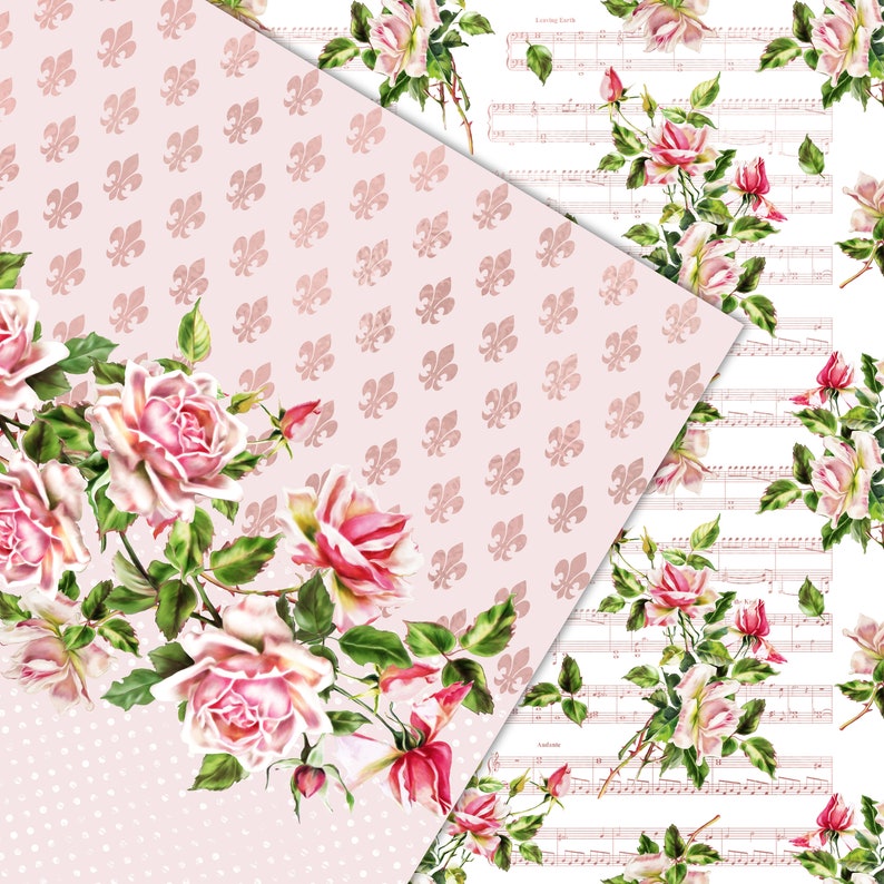 Wedding Digital Papers, Pink Roses, Seamless Patterns, Planner Stickers ...