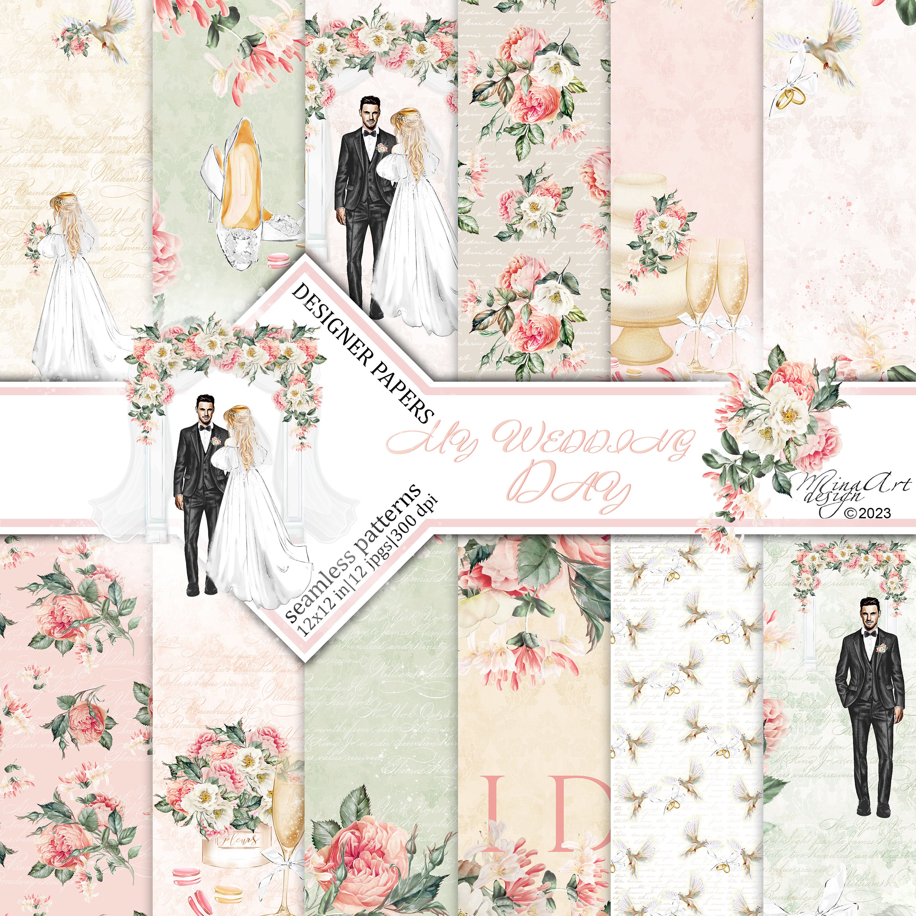 Wedding Digital Papers, Seamless, Surface Patterns, Planner Stickers ...