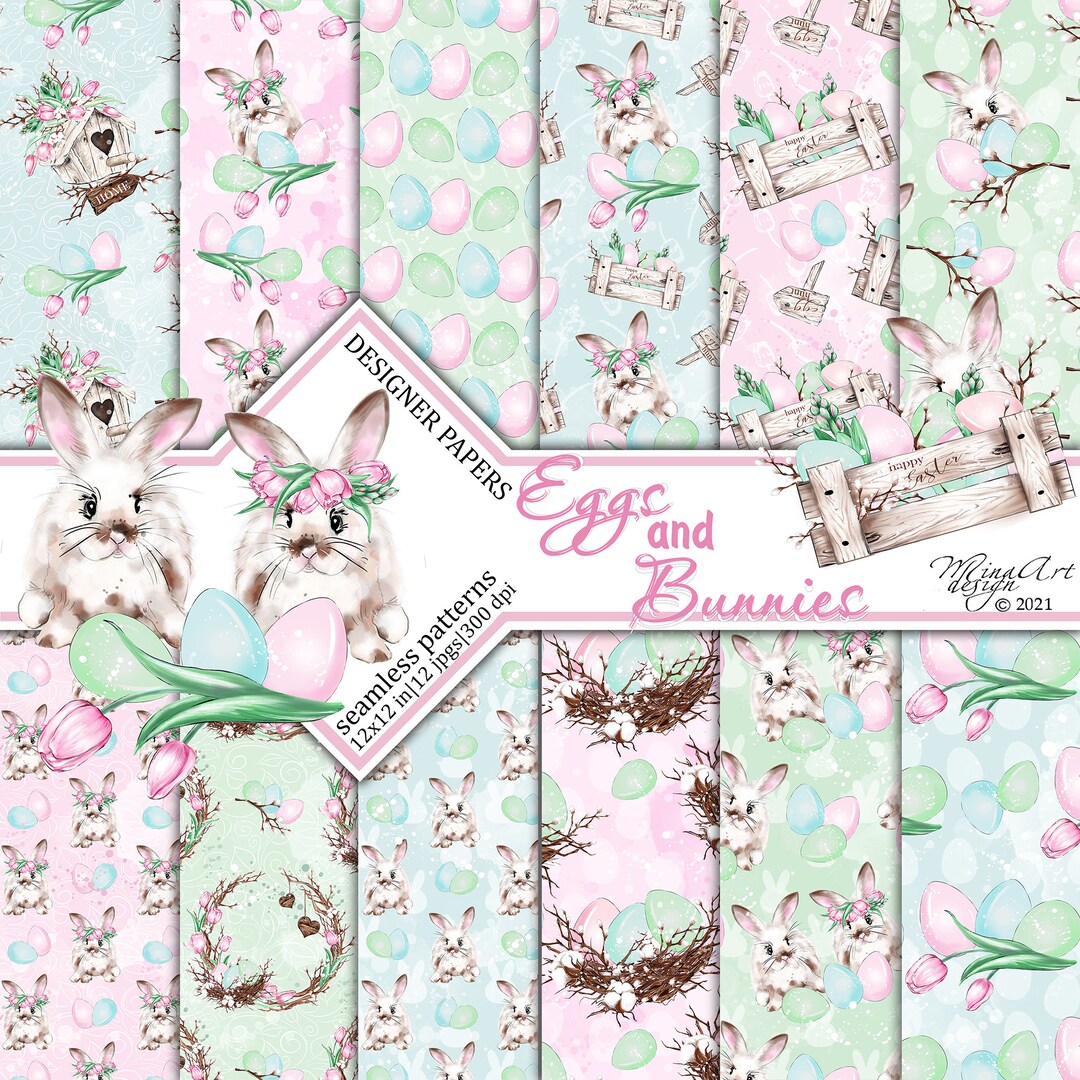 Easter Digital Papers, Spring Planner Stickers, Cute Bunny, Pastel Eggs ...
