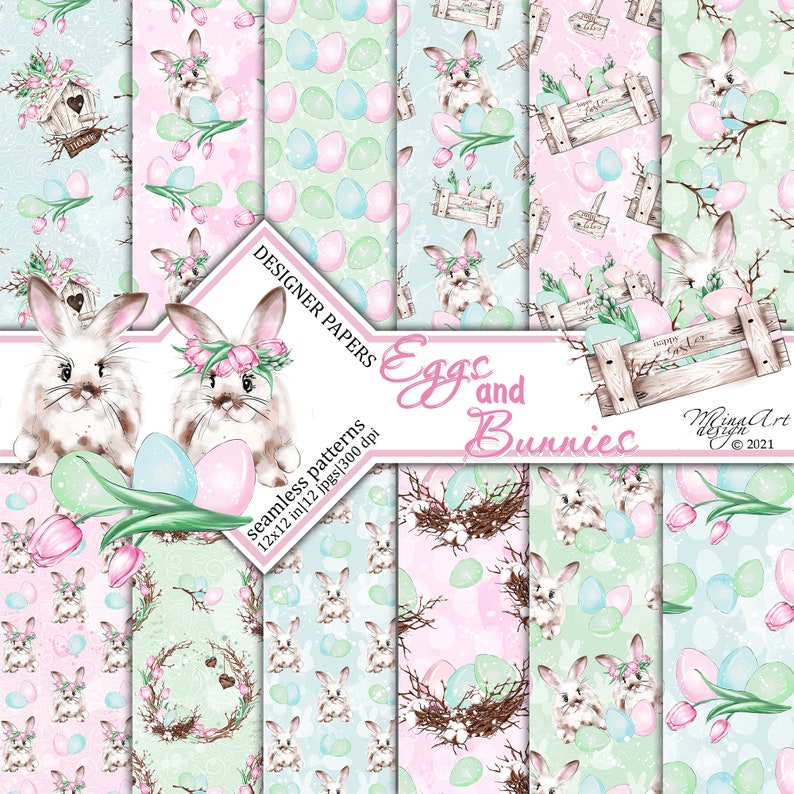 Easter Digital Papers, Spring Planner Stickers, Cute Bunny, Pastel Eggs ...