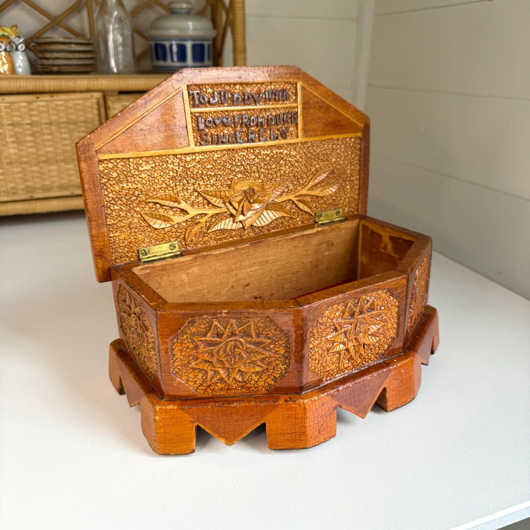 Vintage Folk Art Carved Wood Box, Tramp Art, Wooden Roses - Etsy