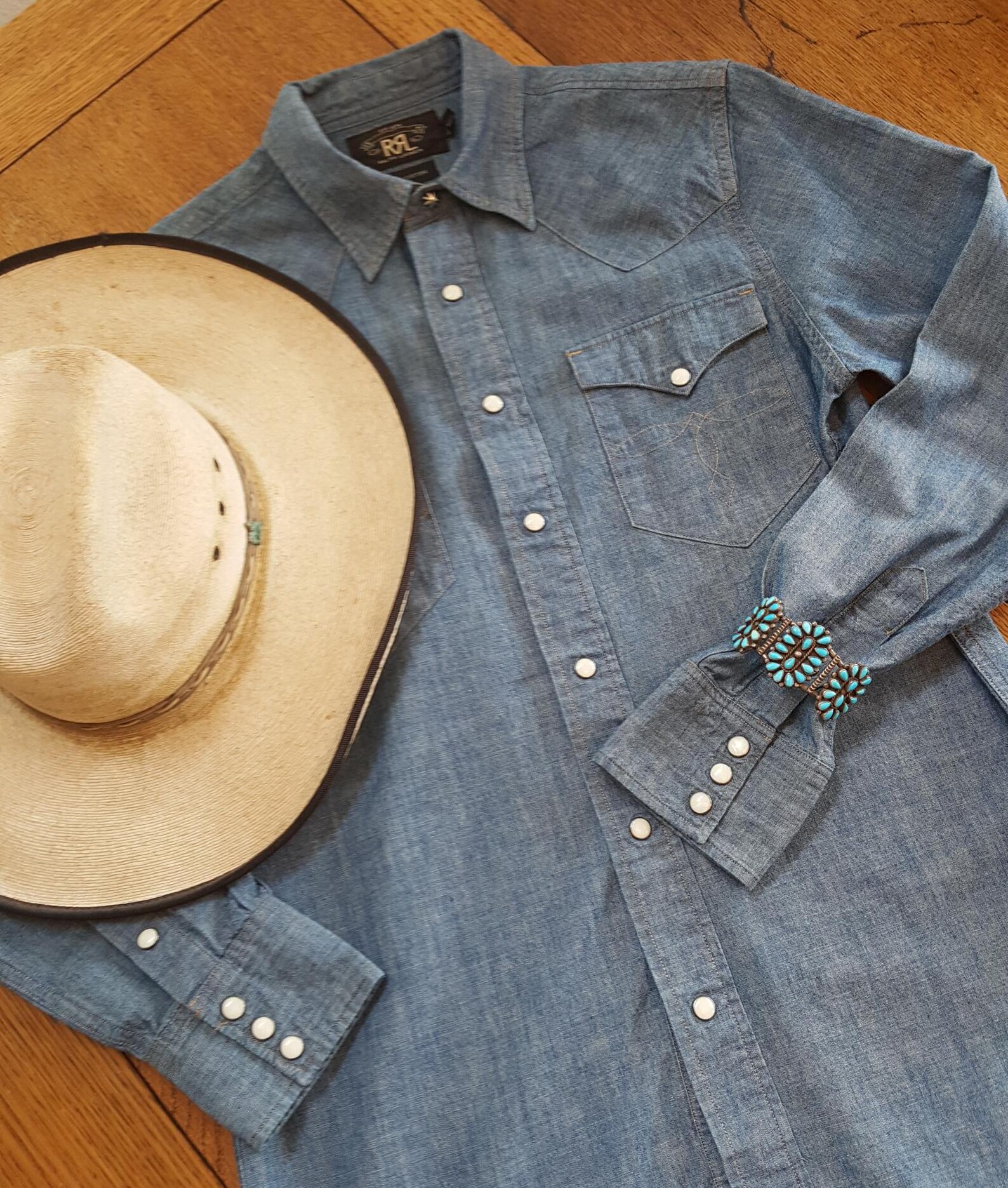 RRL Ralph Lauren Double RL Shirt Top Western Long Sleeve Blue Chambray ...